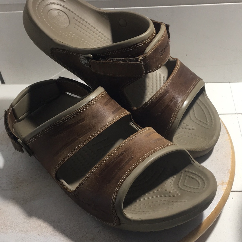 Crocs Yukon 2 Strap Slip On Sandals Tan Leather Mens … - Gem